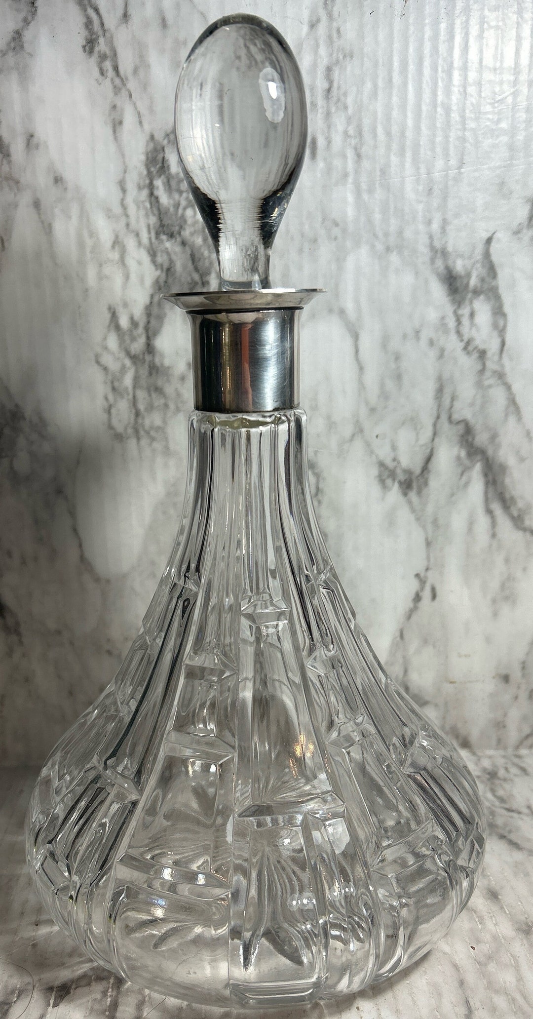 Vintage Decanter Silver Collar Decanter Clear Cut Glass Bottle With ...