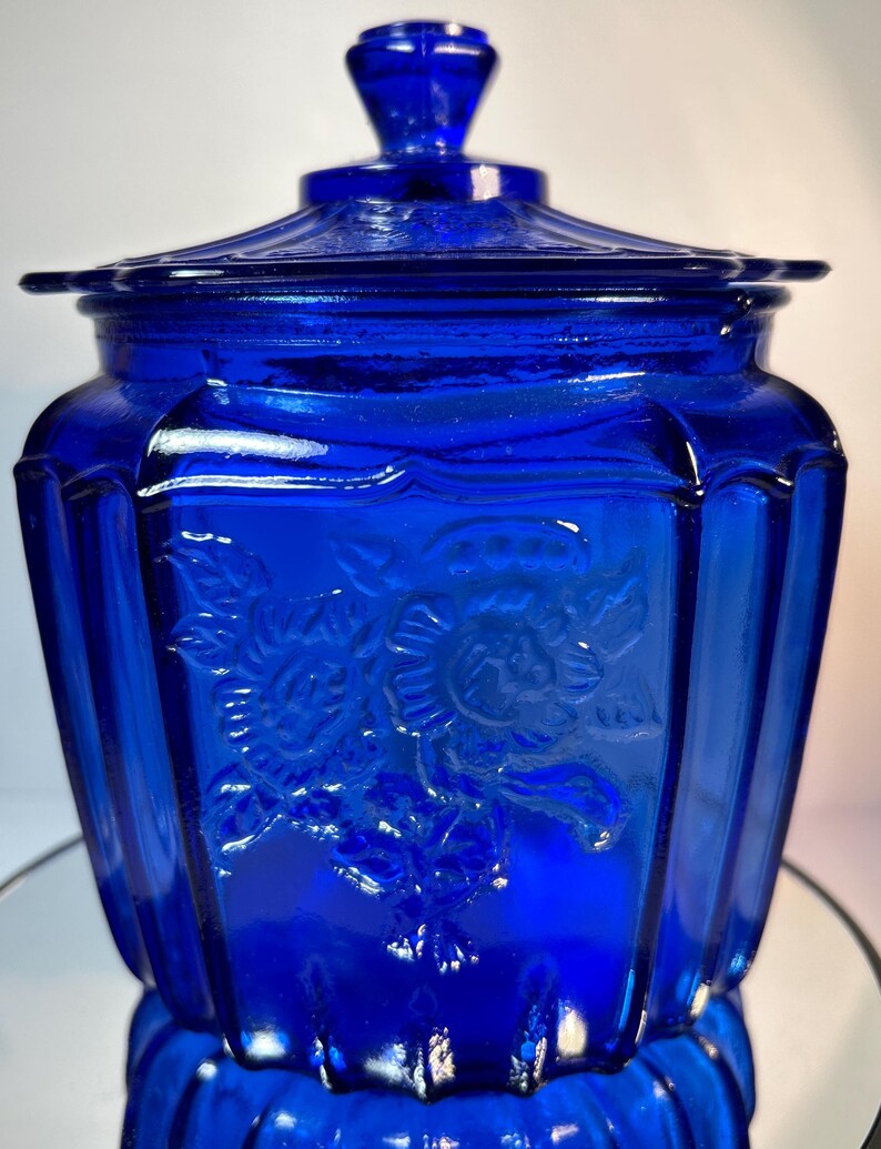Vintage Glass Cobalt Blue Jar Biscuit Cracker Cookie Jar Open Rose Rose ...