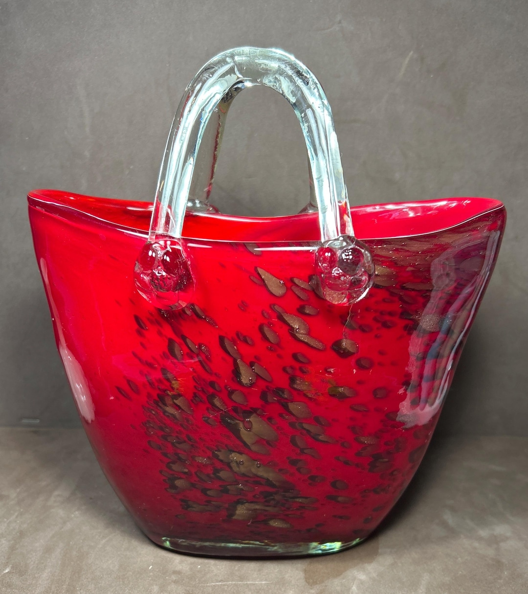 Vintage Red Vase Purse Blown Glass Gold Shimmer Heavy Clear Handle ...