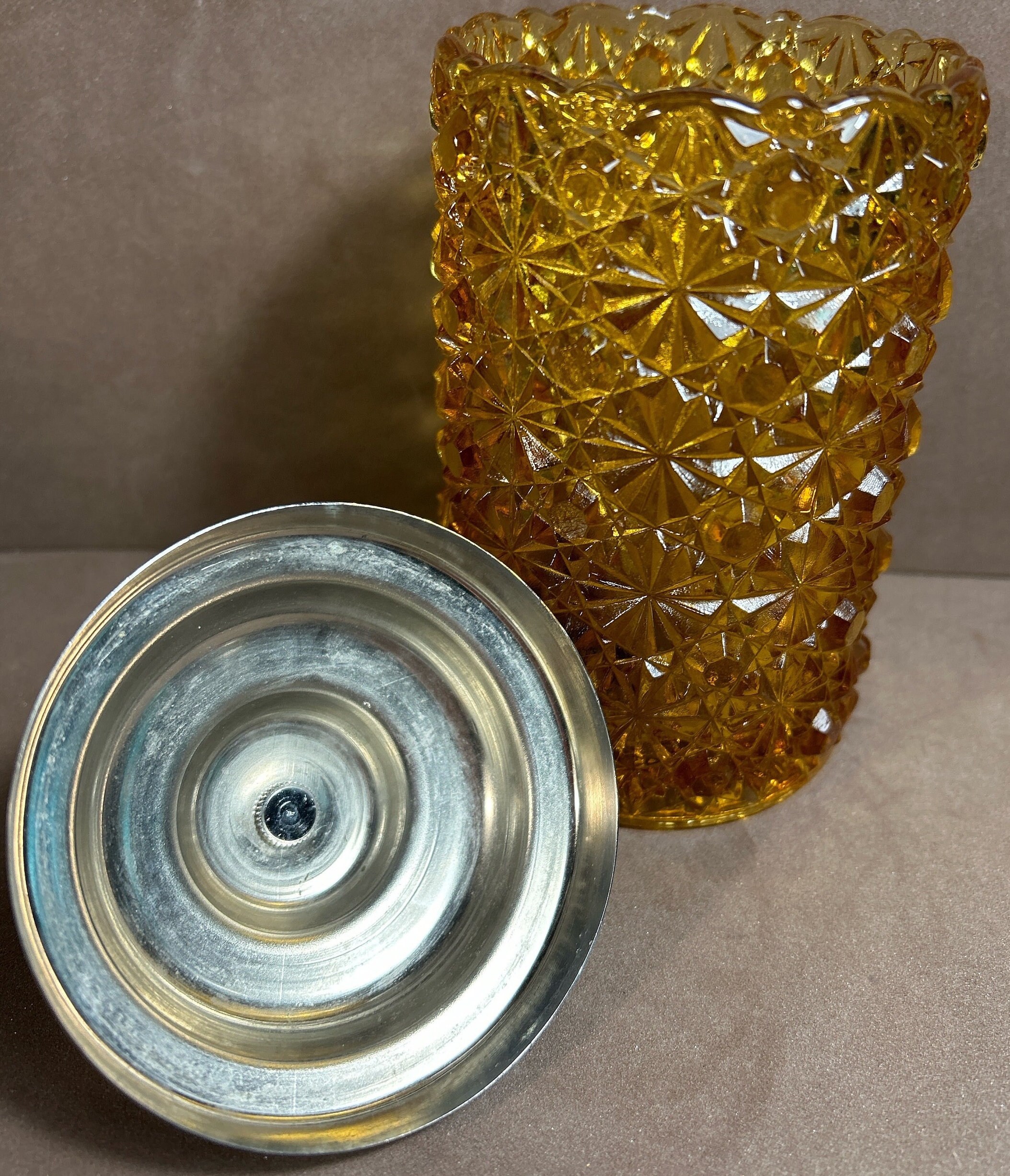 Vintage Rare Amber Jar Daisy and Button Unmarked Pickle Jar Metal Lid ...