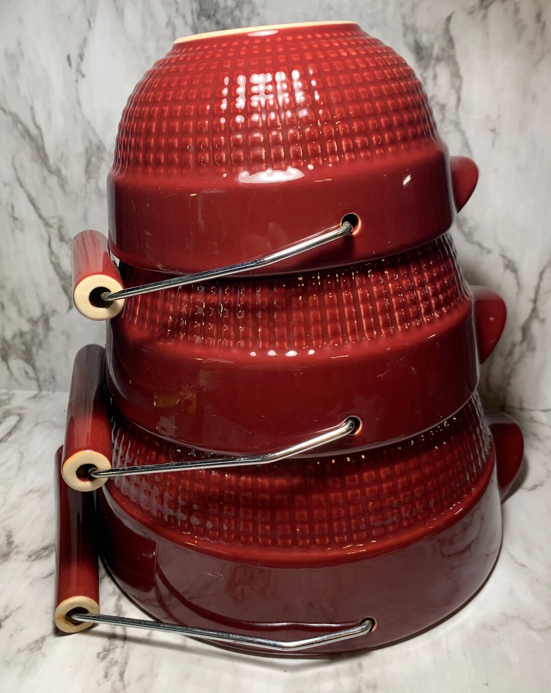 Vintage Set of 3 Ceramic Nesting Mixing Bowls Maroon /cranberry With ...