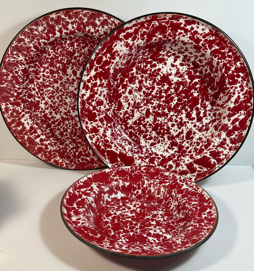 Red Spatterware Enameled Tin Set of 3, Two Bowls 10” and 8” and One 10 ...