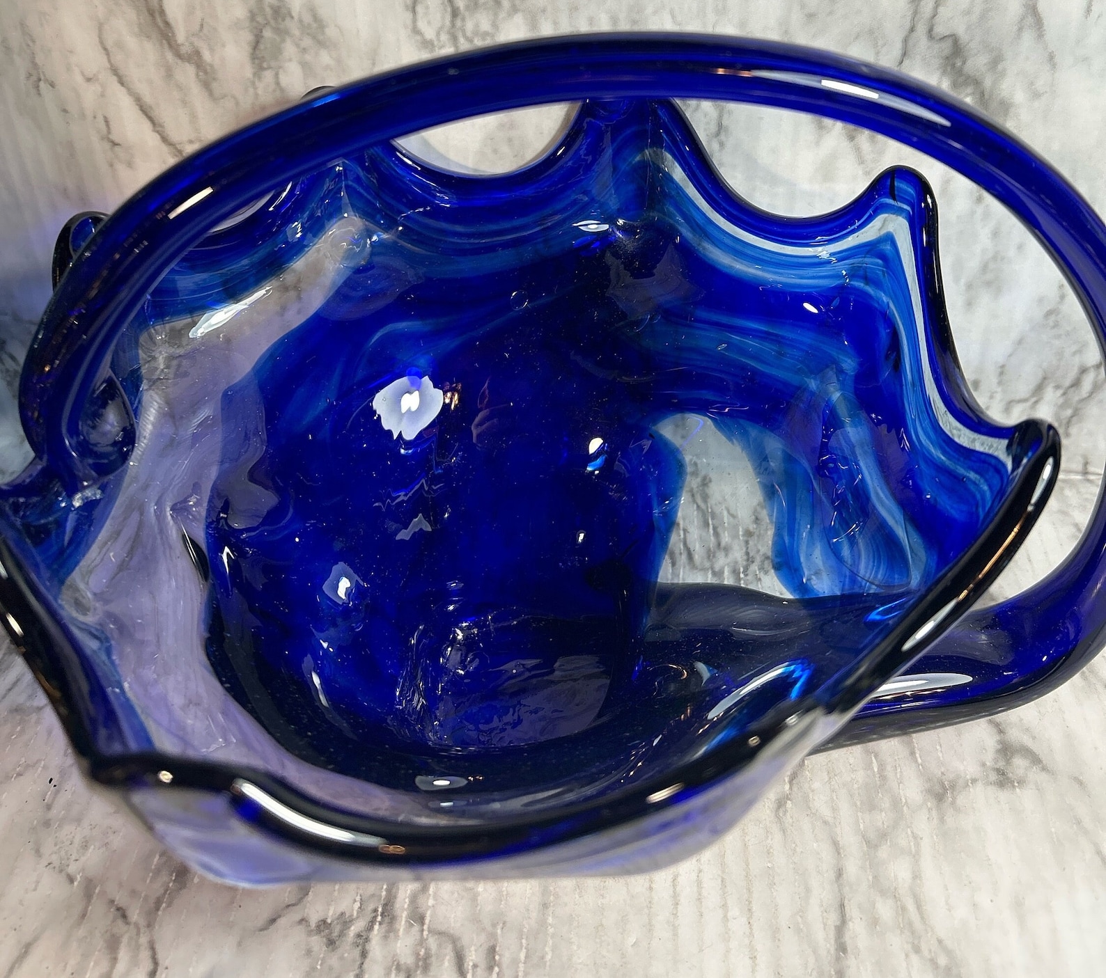 Vintage Swan Cobalt Blue Marbled Art Glass Handled Sculpted Bowl ...