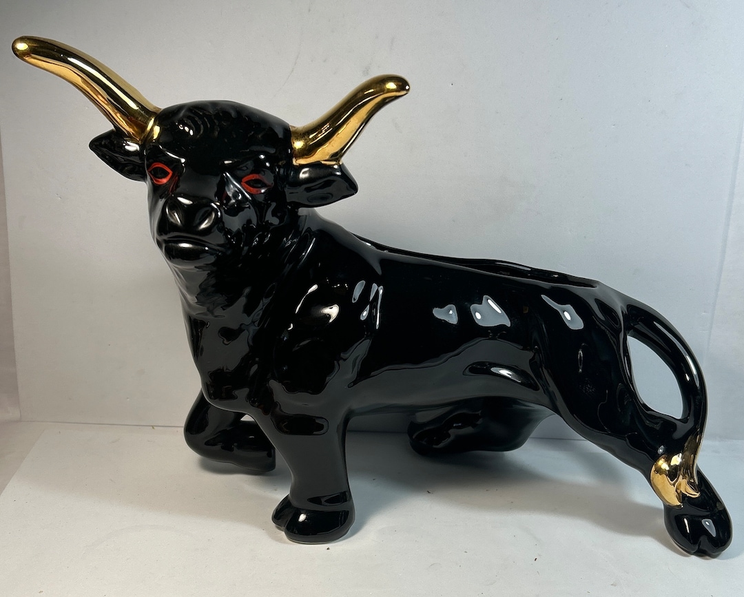 Vintage Large Black Bull Planter Atlantic Mold Ceramic Bull Statue Gold ...