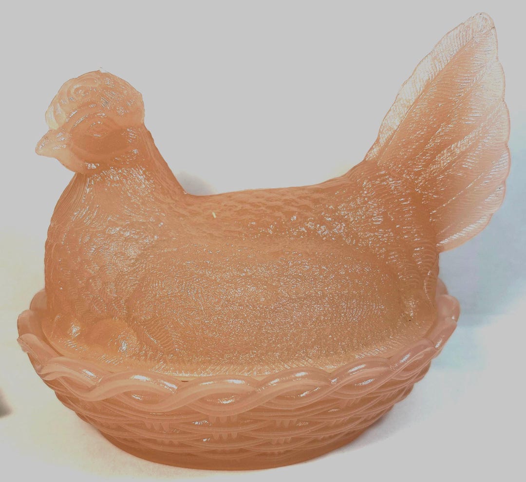 Vintage Rare! Pink Glass Hen on Nest Vallerysthal France Pink Opaque ...