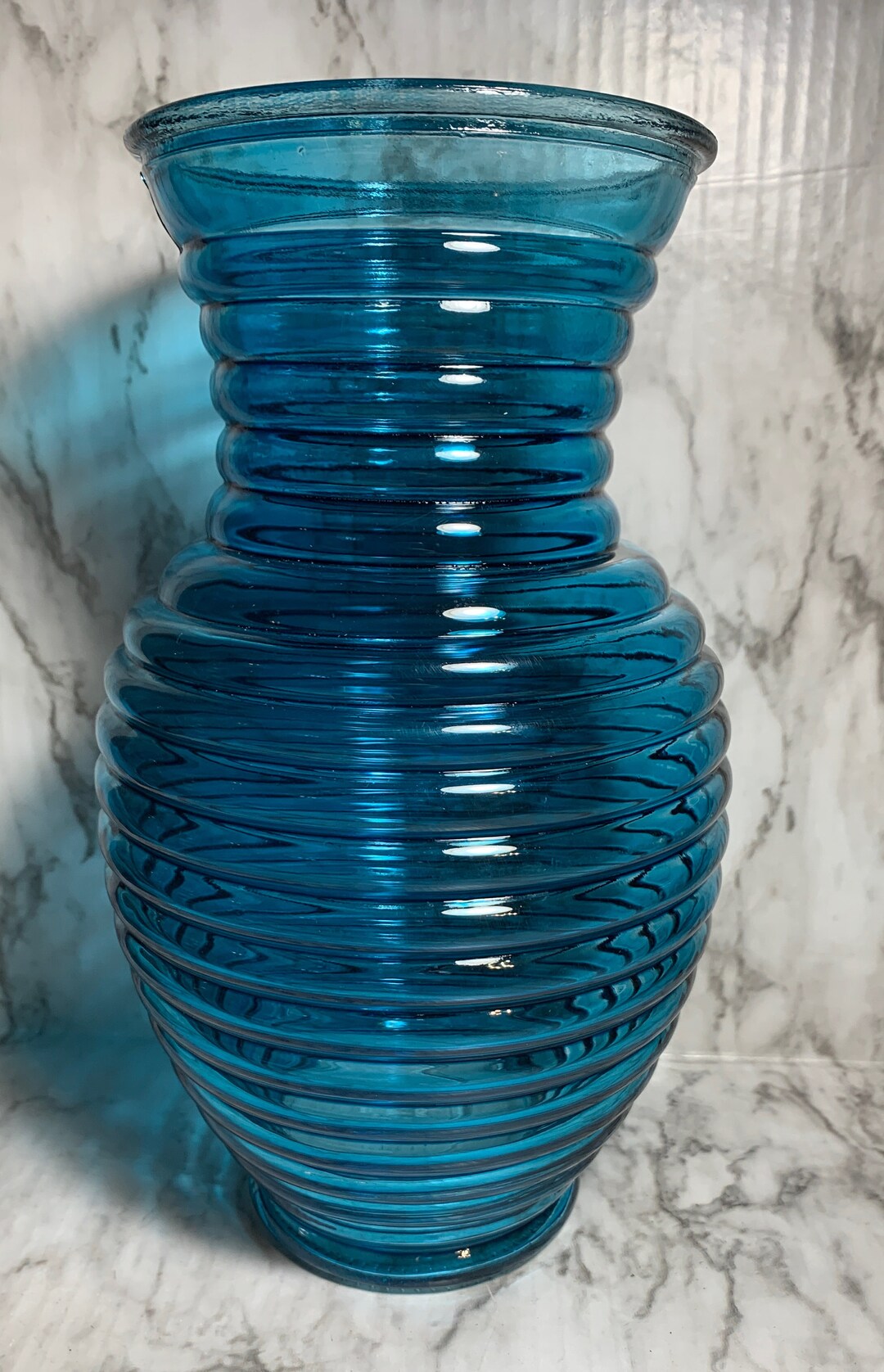 Vintage Dark Aqua Blue Ribbed Vase 10.5 Handblown Glass - Etsy