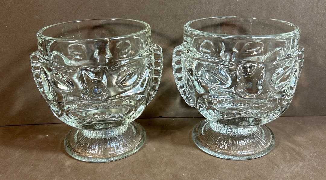Vintage Clear Glass Tiki Mugs Happy Face Sad Face Two Sided Heavy Thick ...