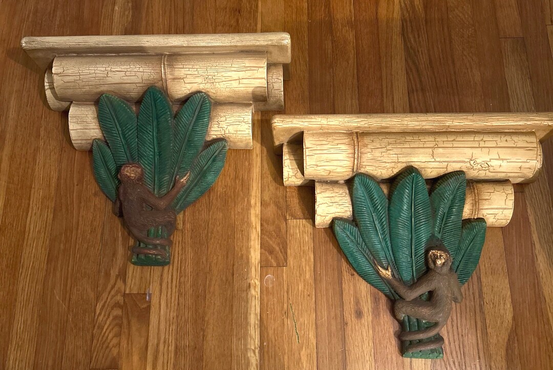 Vintage Rare Monkey Wall Sconce Set of Two Resin Bamboo and Leafs No ...