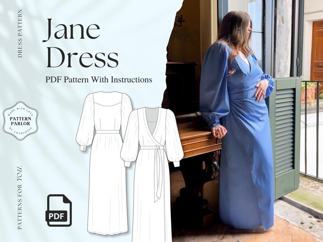 Balloon Sleeve Dress Pattern, Maxi Wrap Dress Pattern, Intermediate ...