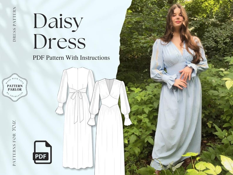 Long-sleeve Maxi Dress Sewing Pattern, Intermediate Sewing Pdf, Empire ...