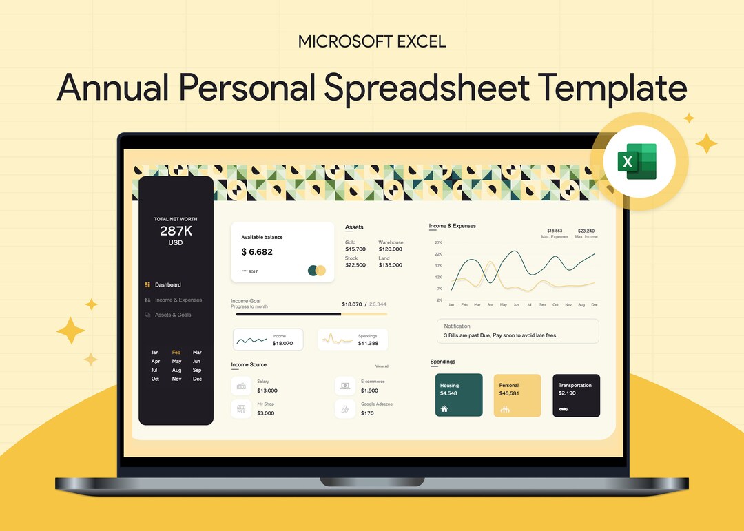 Annual Personal Spreadsheet Template Budget Spreadsheet - Etsy