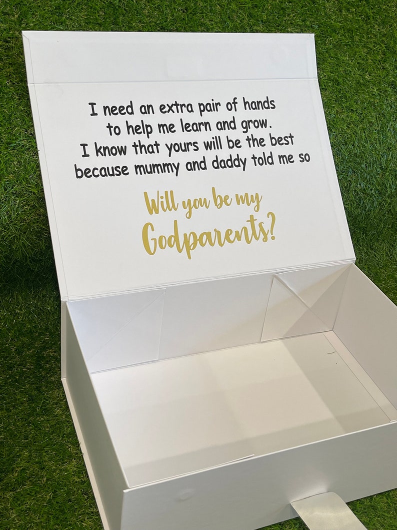 Personalised Godparent Proposal Box, White Silk Ribbon, Magnetic ...