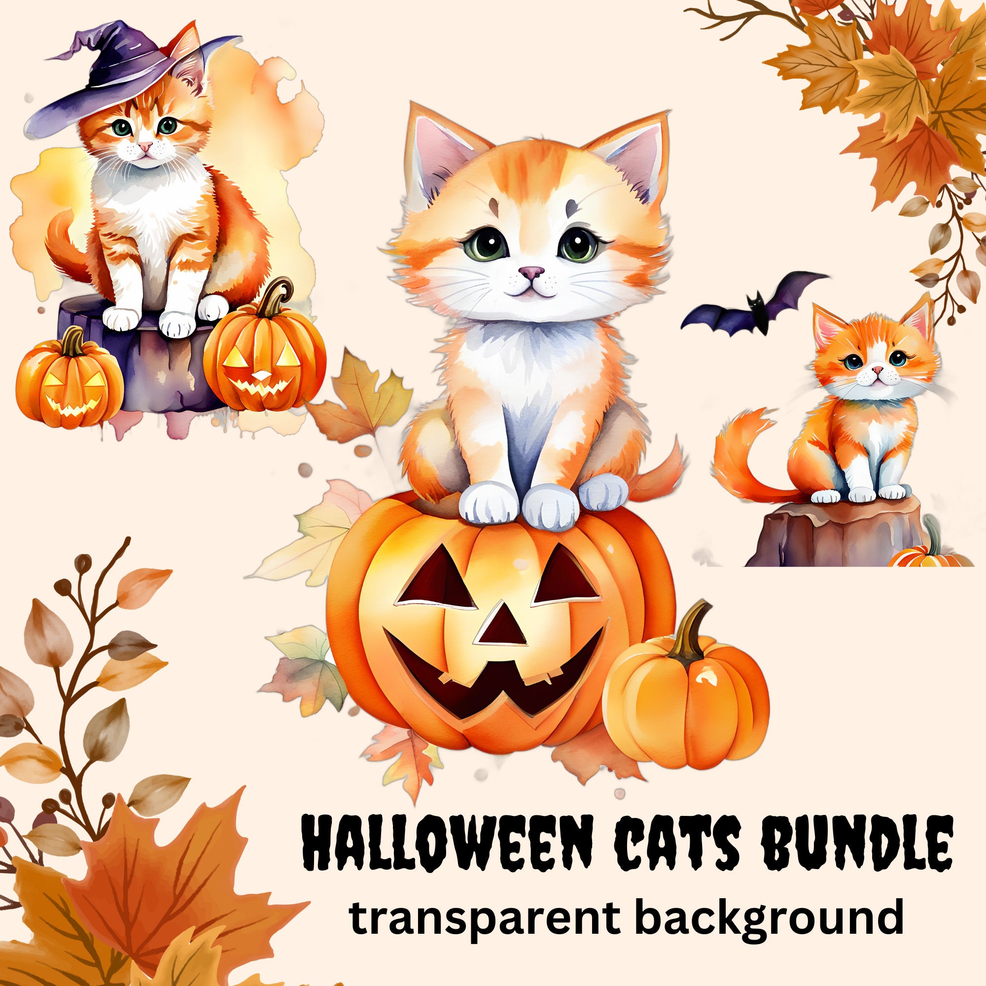 Watercolor Halloween Cats PNG Bundle, Orange Tabby Kittens (digital ...