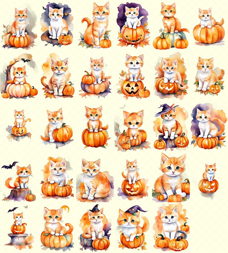 Cute Orange Halloween Cats, Cat PNG Bundle, Watercolor Orange Cat With ...