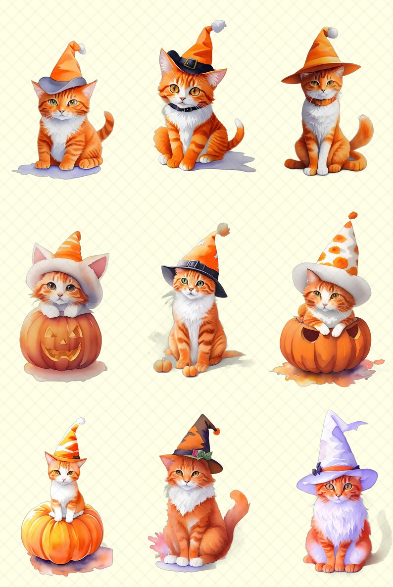 Cute Orange Halloween Cats, Cat PNG Bundle, Watercolor Orange Cat With ...