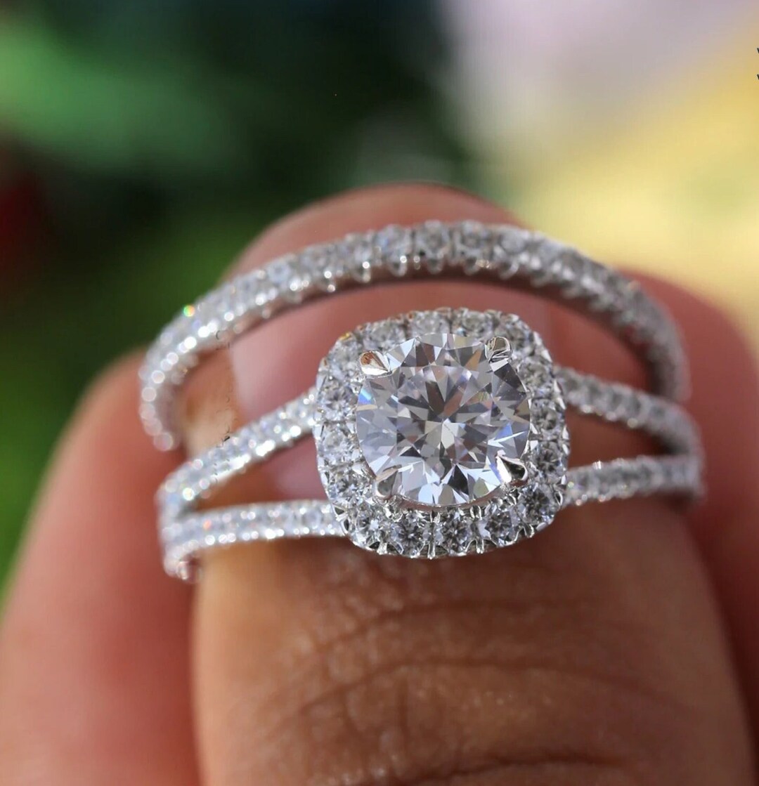 Split Shank Unique Engagement Halo Ring Set,round 925 Sterling Silver ...
