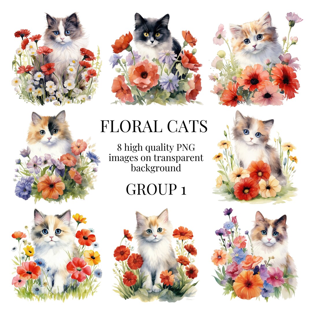 Floral Cat Clipart High-quality Transparent PNG Watercolor - Etsy