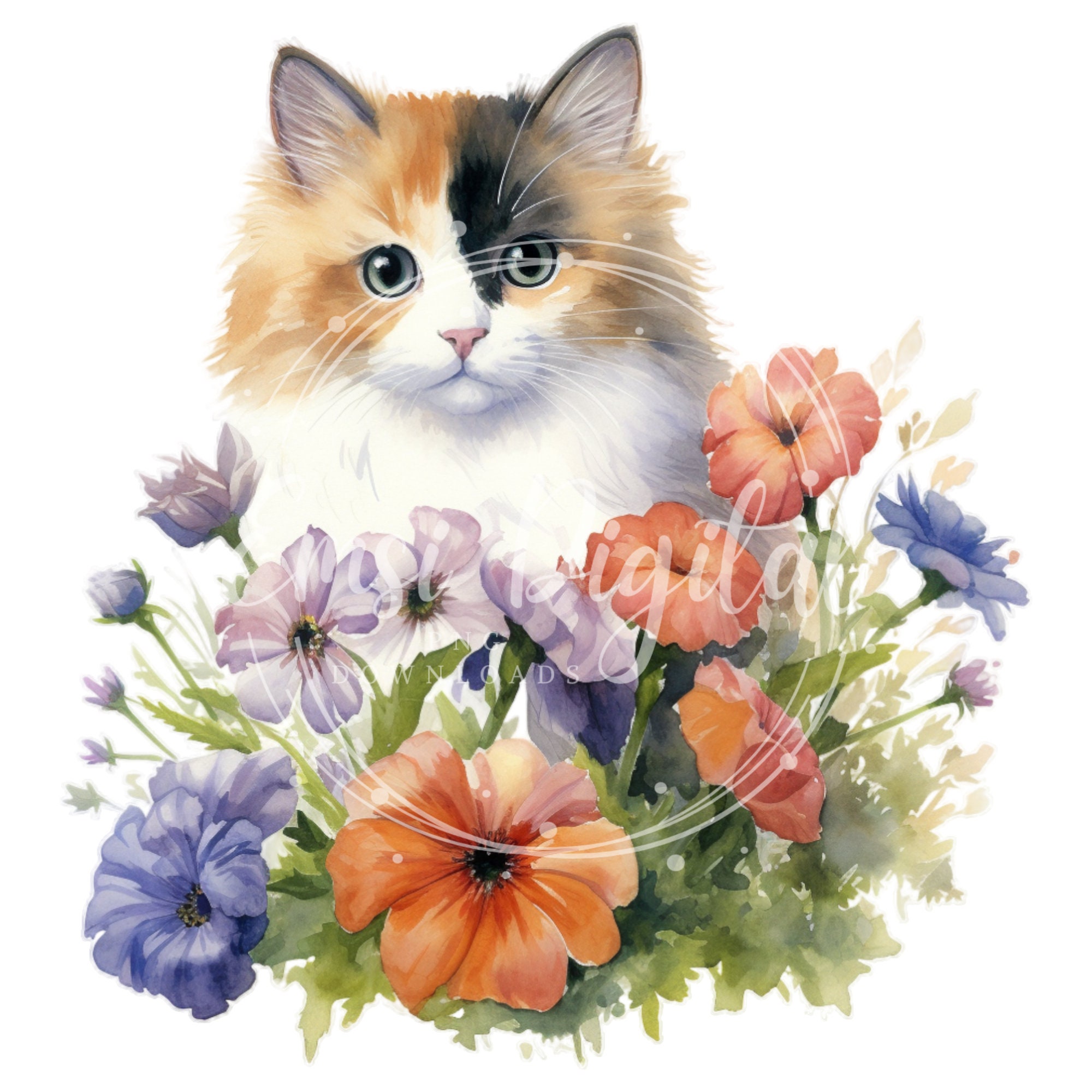 Floral Cat Clipart High-quality Transparent PNG Watercolor - Etsy