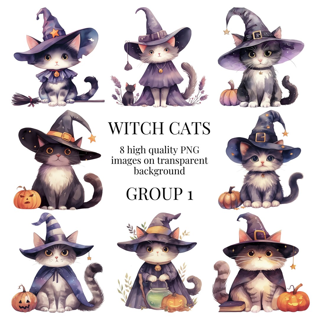 Halloween Witch Cat Clipart | High-quality Transparent PNG | Watercolor ...