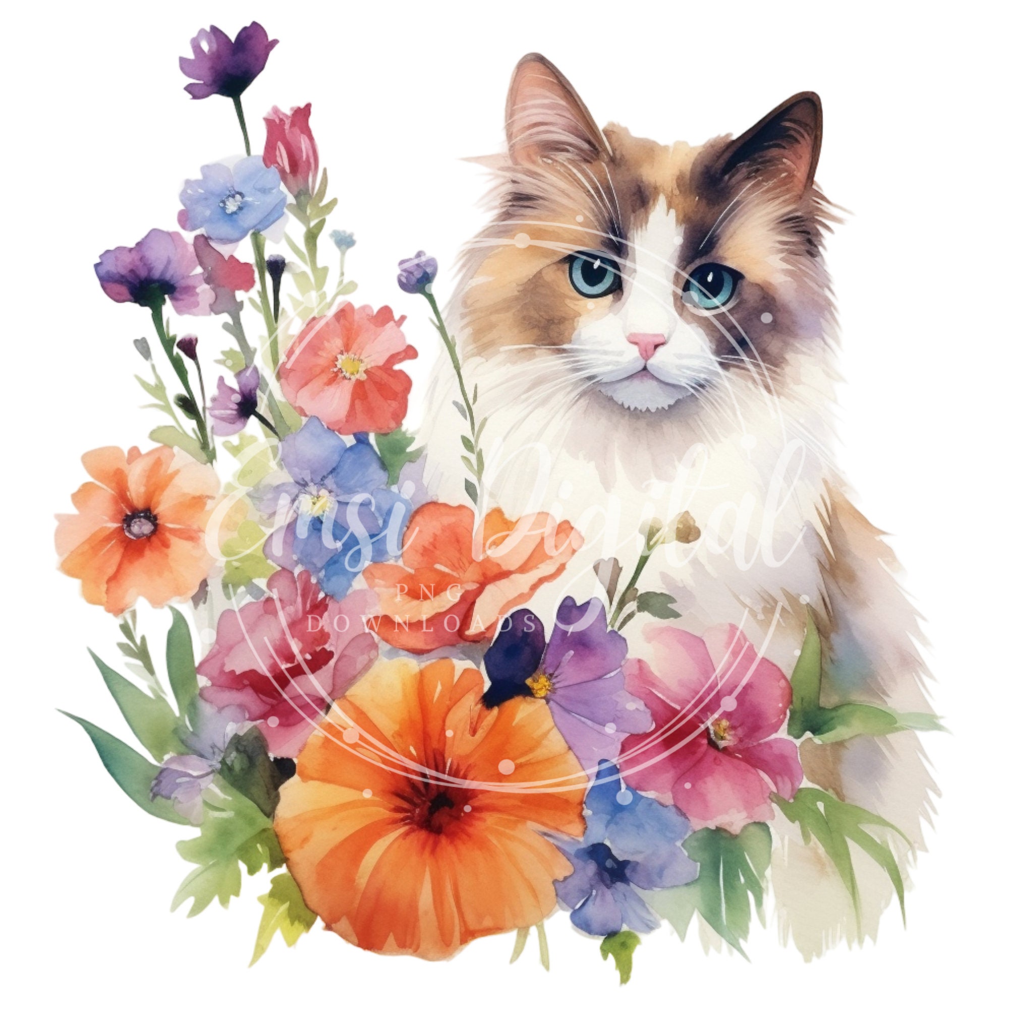 Floral Cat Clipart High-quality Transparent PNG Watercolor - Etsy