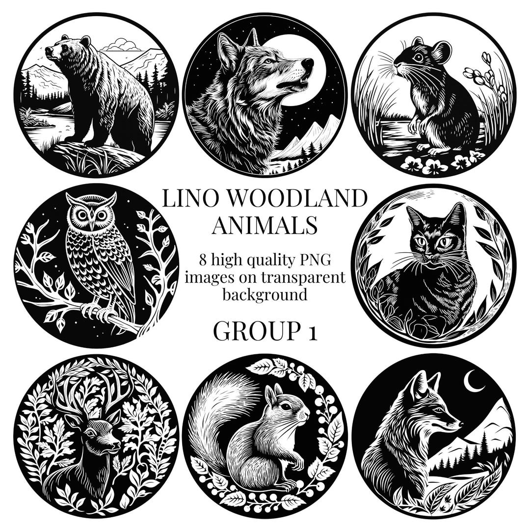 Linocut Print Woodland Animals Clipart | Transparent PNG | High-quality ...