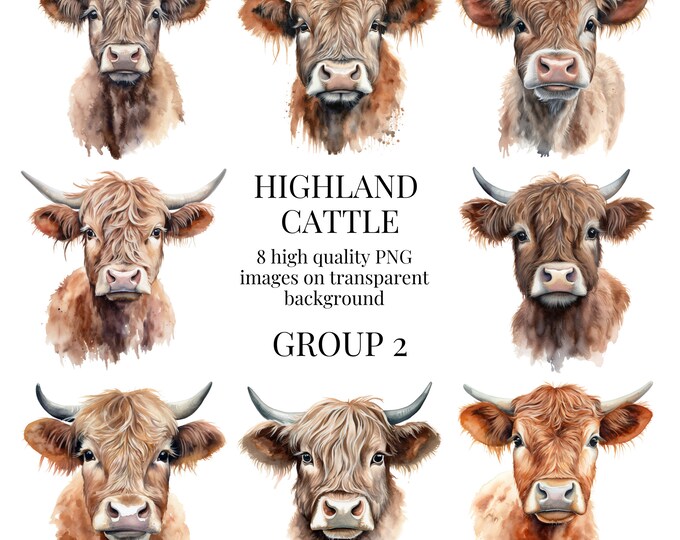 Highland Cow PNG Clipart, 12x Farm Animal Clip Art Set, Printable ...