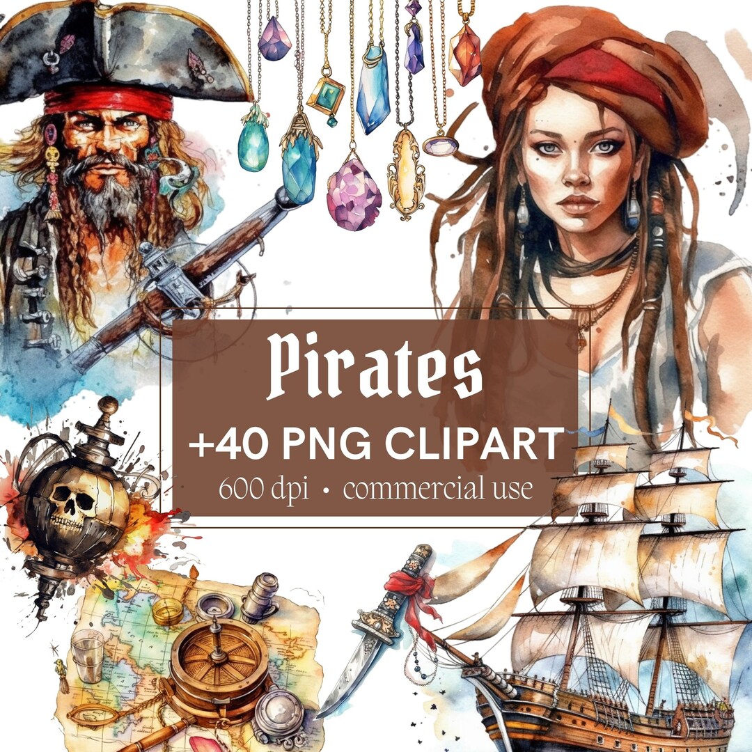 40 Pirate Clipart Pack, PNG Watercolor Clipart, Commercial Use, Instant ...