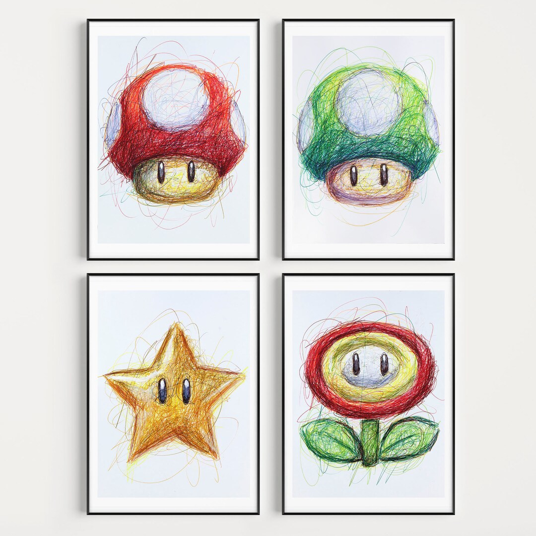 Super Mario Power up Ballpoint Pen Print Set, 4 Prints, Fire Flower ...