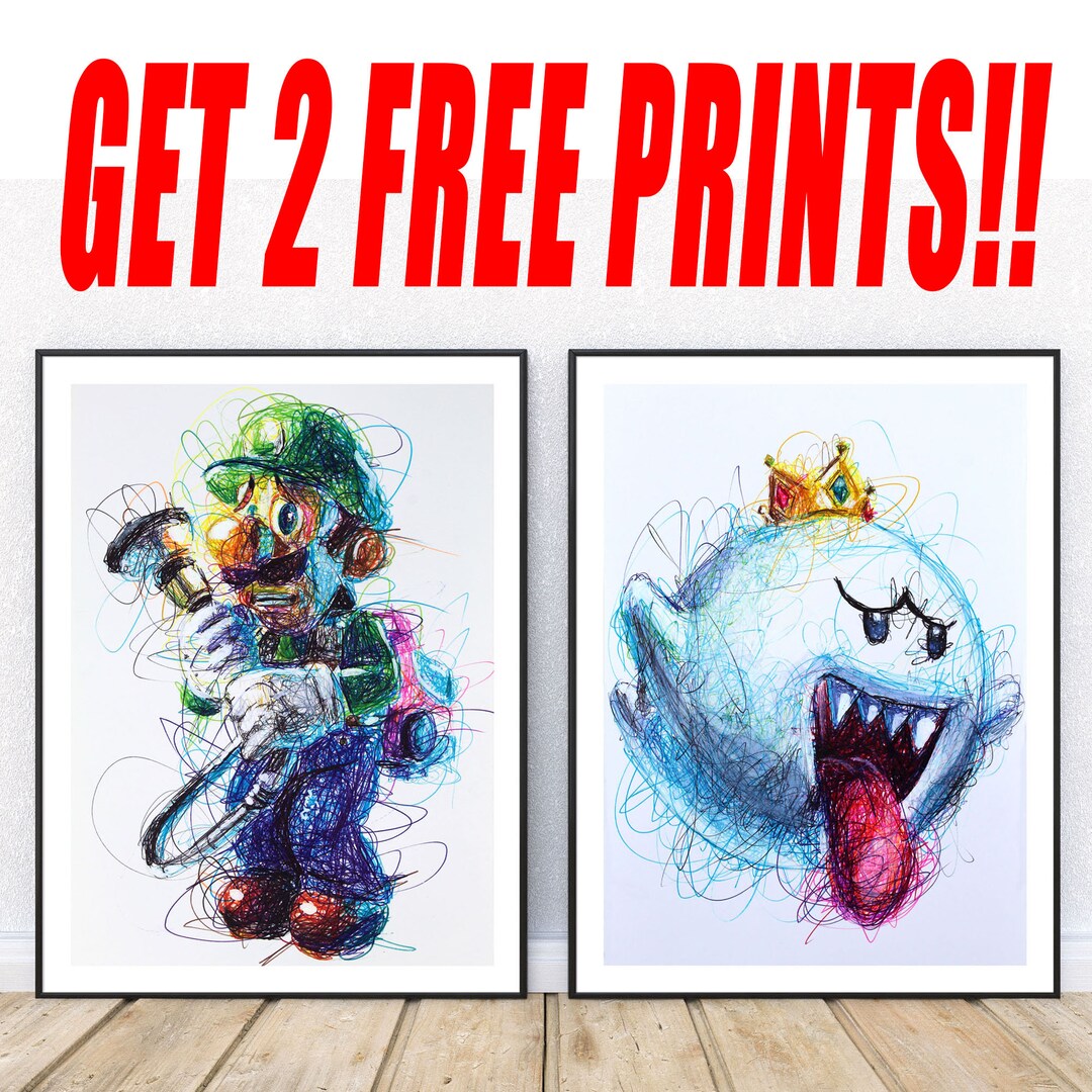 Luigi and King Boo Ballpoint Pen Print Set, GET 2 FREE PRINTS, Lugi's ...
