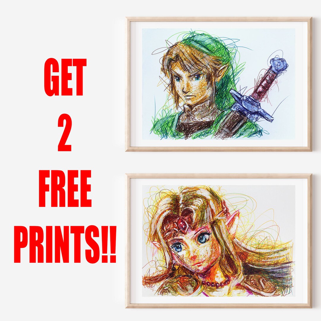 Link and Zelda Ballpoint Pen Print Set, Get 2 FREE PRINTS, Legend of ...