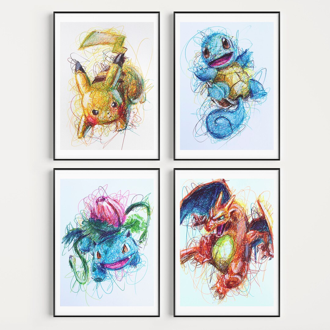 Poke Classic Starter Set, Ballpoint Pen Prints, Video Game Art, Gamer ...