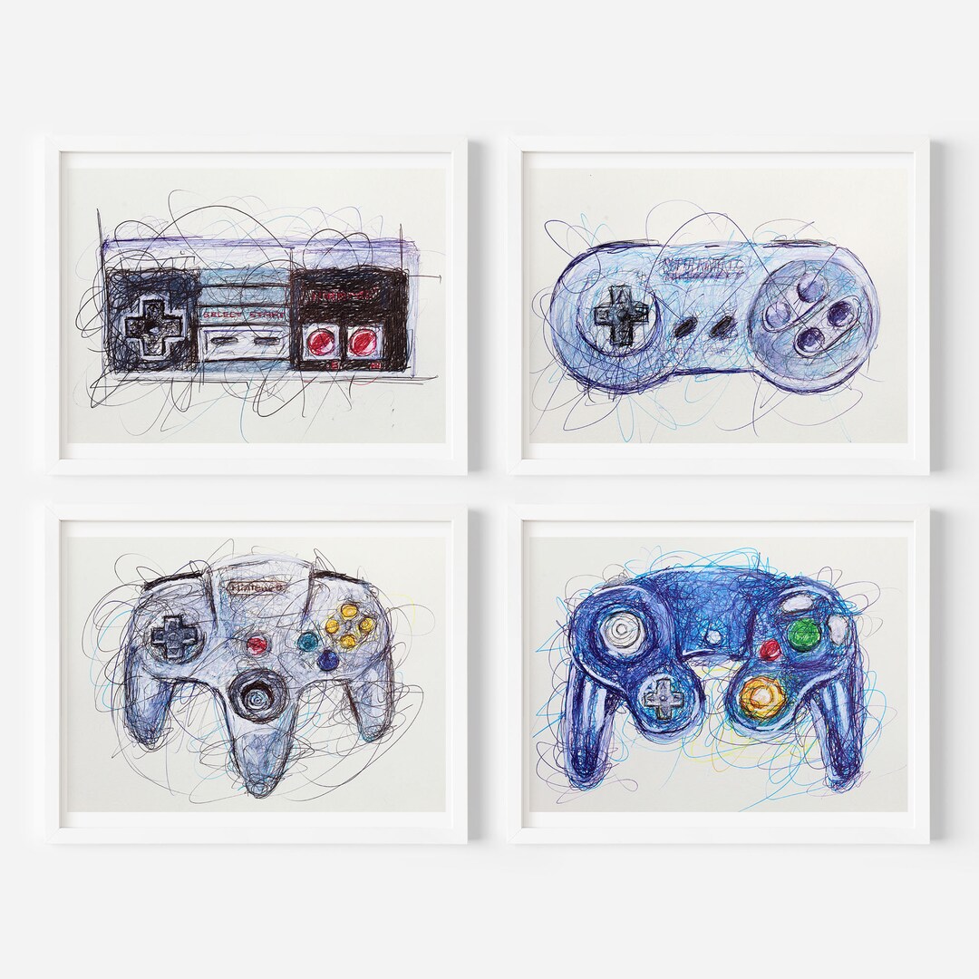 Nintendo Controllers Ballpoint Pen Print Set, Video Game Art, Ballpoint ...
