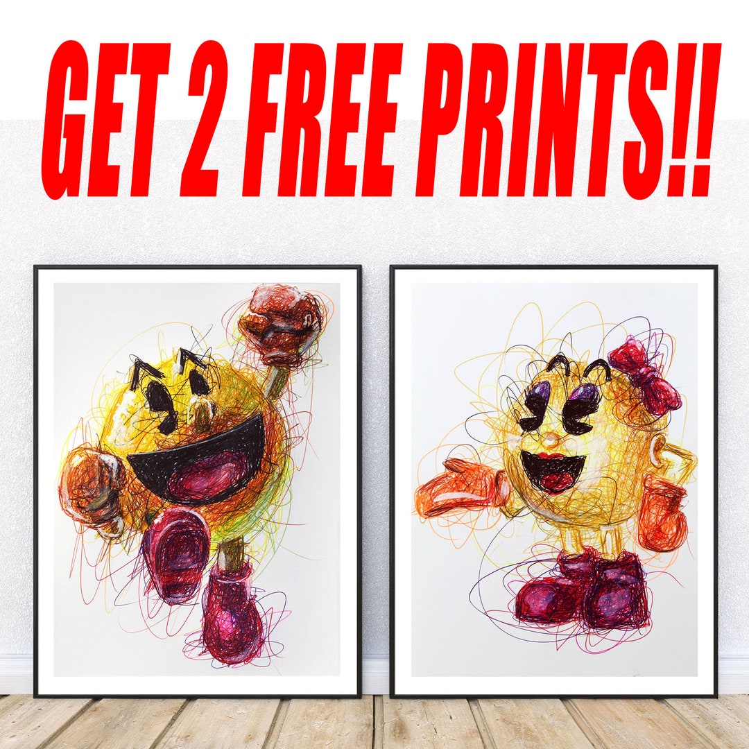 Pacman and Ms Pacman Ballpoint Pen Print Set, GET 2 FREE PRINTS, Pacman ...