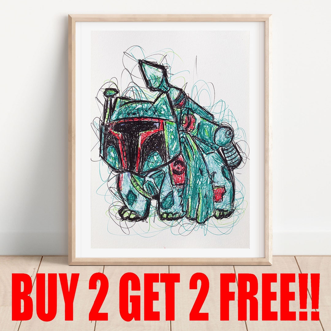 Bulbasaur / Boba Fett Mash Up, Ballpoint Pen Print, Poke Art Poster ...