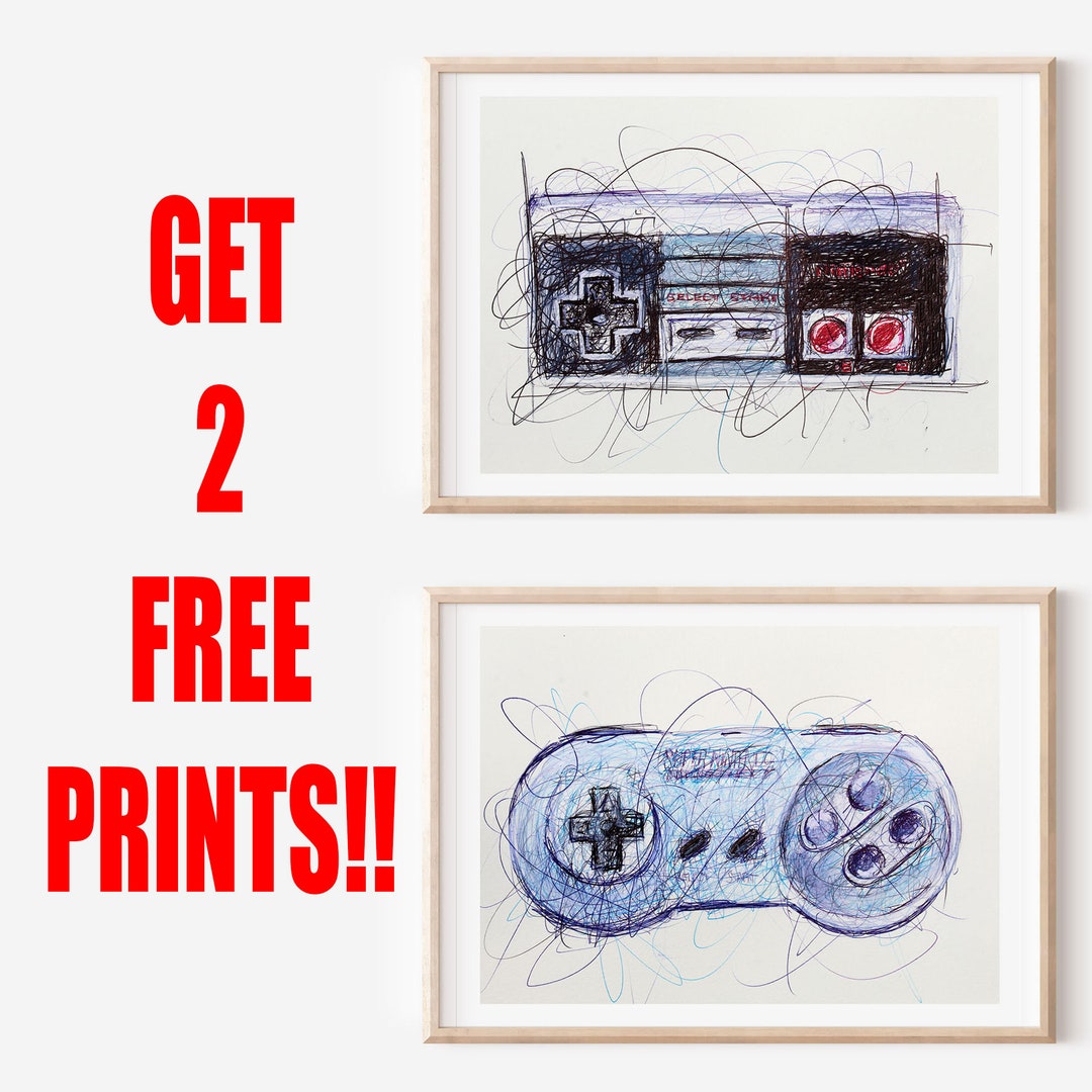 NES and SNES Controller Ballpoint Art Print Set, Get 2 FREE Prints ...