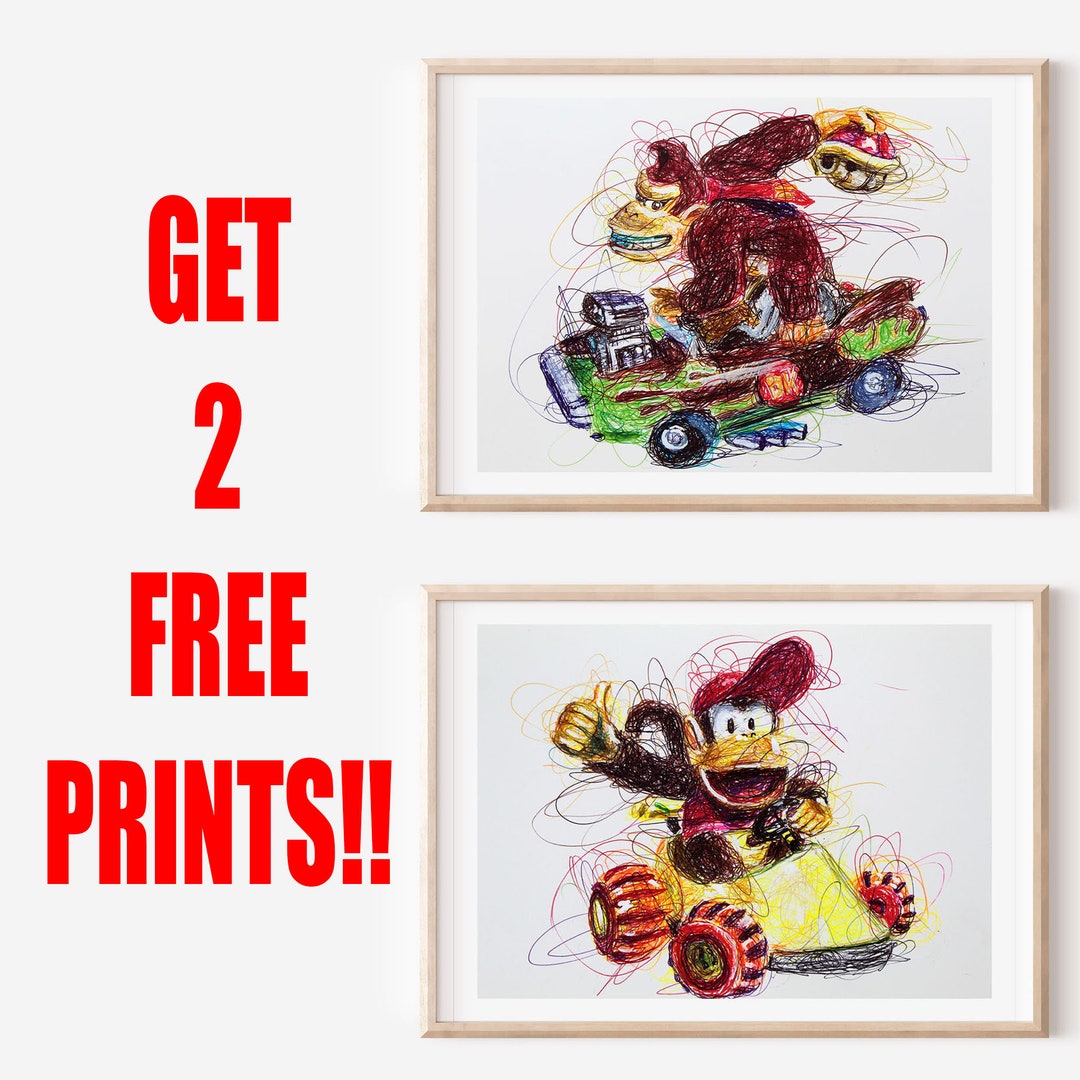 Donkey Kong and Diddy Kong Cart Art Print Set, GET 2 FREE PRINTS, Mario ...