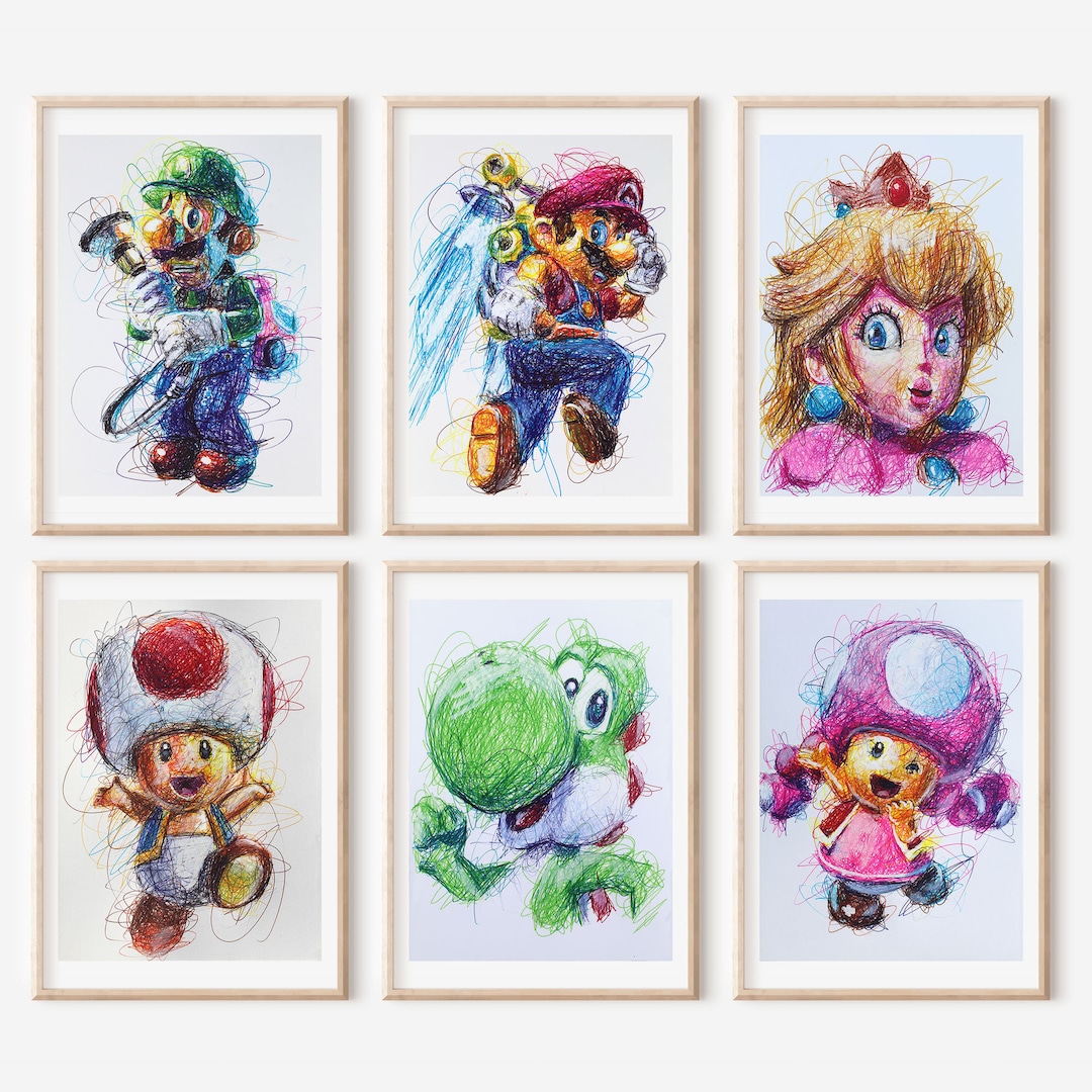 Super Mario Ballpoint Pen Print Set, Video Game Art, Super Mario Art ...