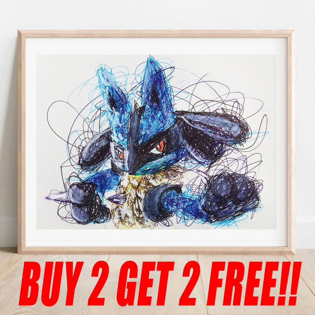 Lucario Ballpoint Pen Print, Buy 2 Get 2 FREE, Poke Art Poster, Super ...