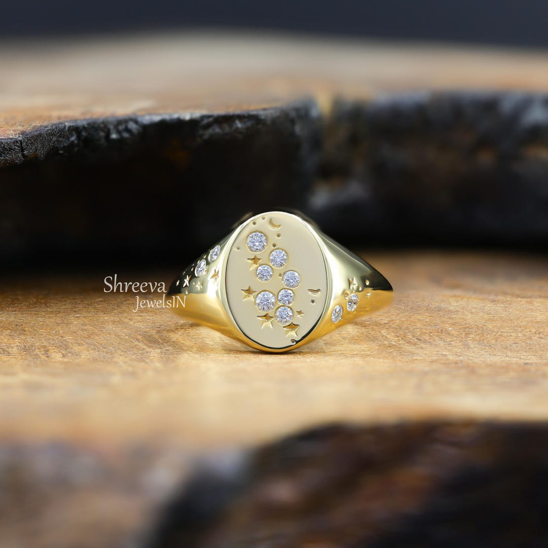 Diamond Celestial Signet Ring 14k Solid Gold Star & Moon Dome Ring ...