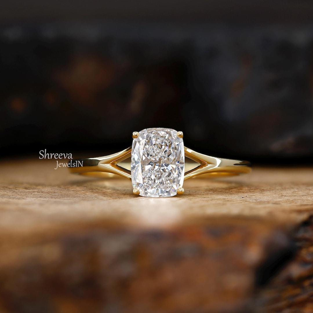 Cushion Cut Moissanite Split Shank Ring 14K Gold Engagement Ring ...