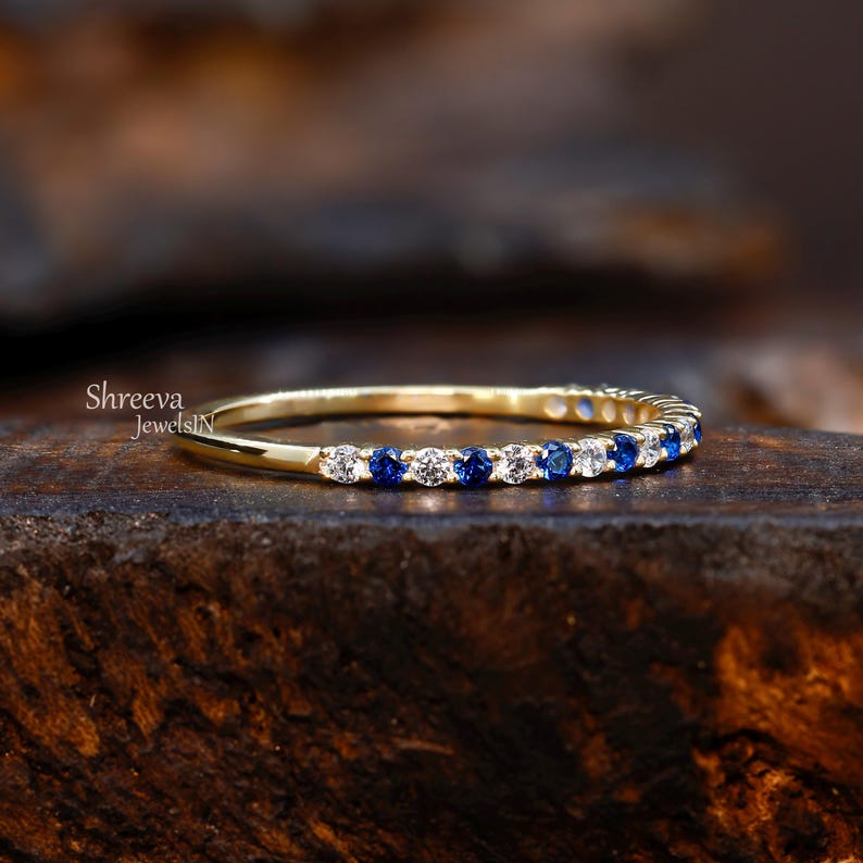 Blue Sapphire Moissanite Wedding Band Women Half Eternity Alternating ...