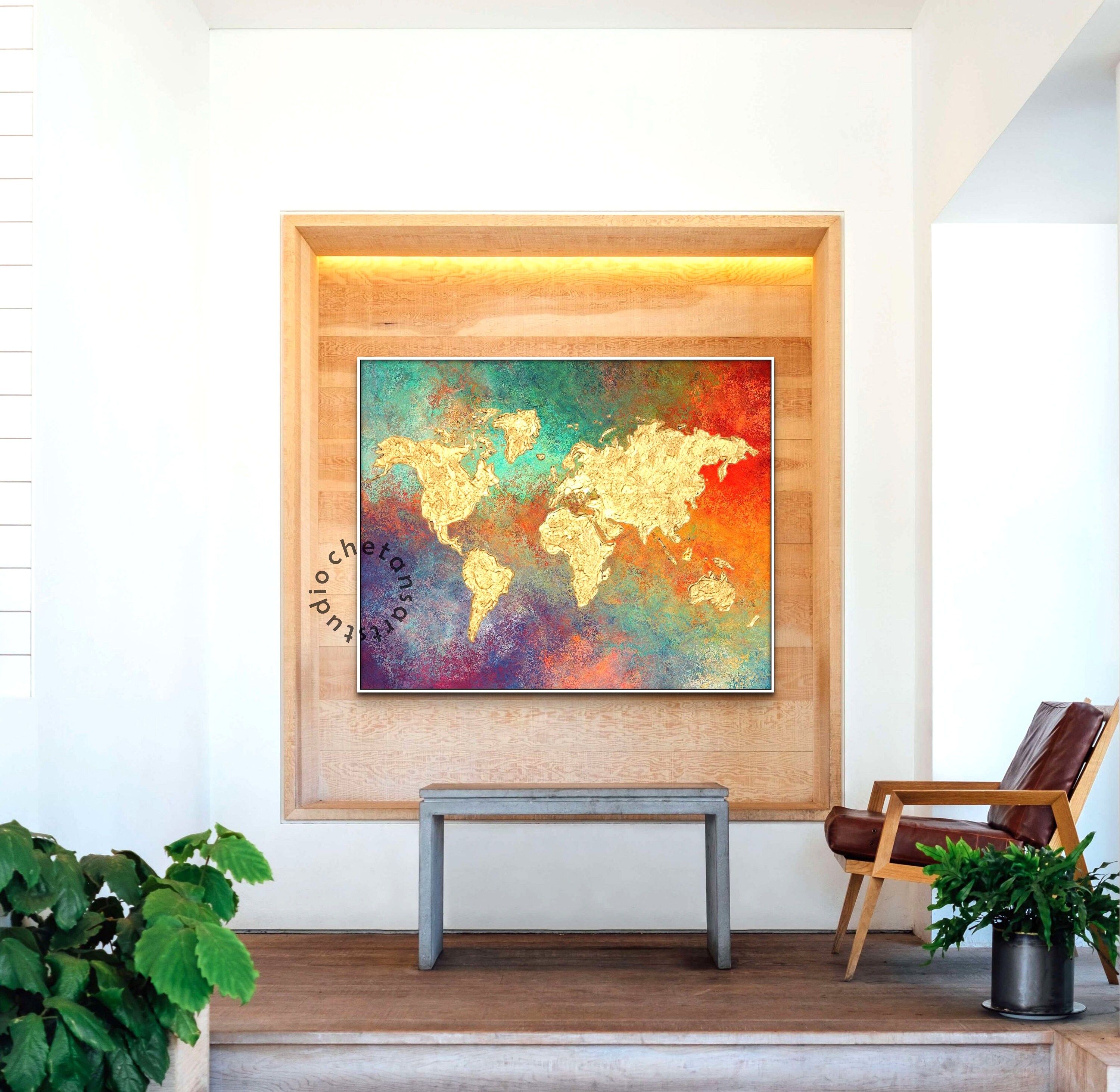 Colorful World Map Handmade Painting Gold Foil World Map Art - Etsy