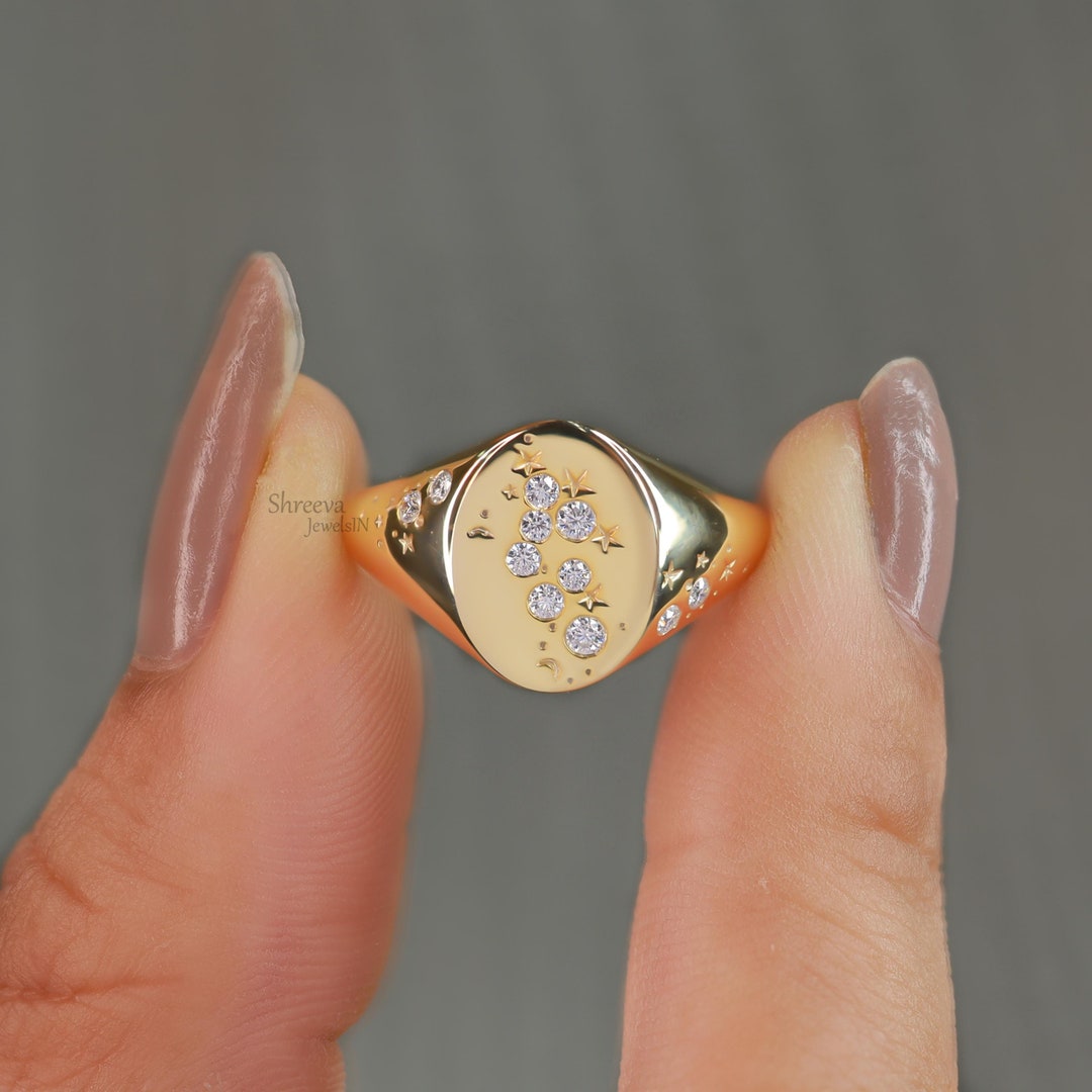 Diamond Celestial Signet Ring 14k Solid Gold Star & Moon Dome Ring ...