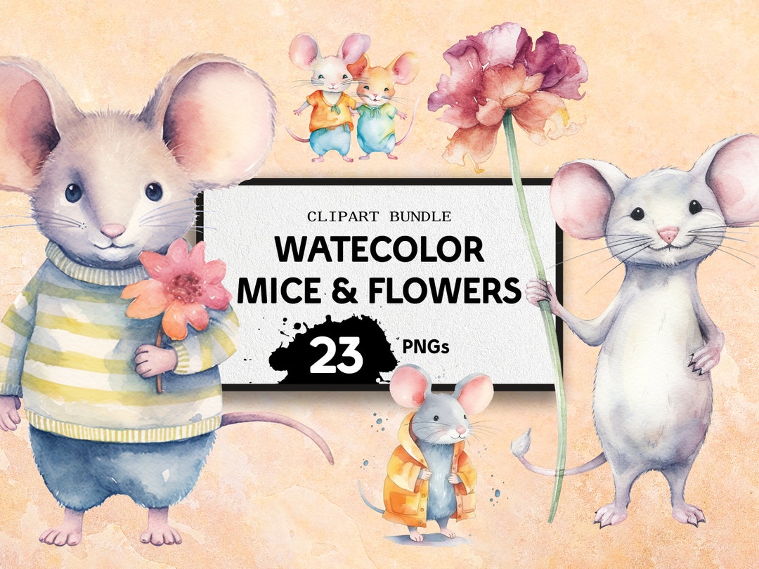 Adorable and Cute Watercolor Mouse and Flower Clipart, Roses, Mice and ...