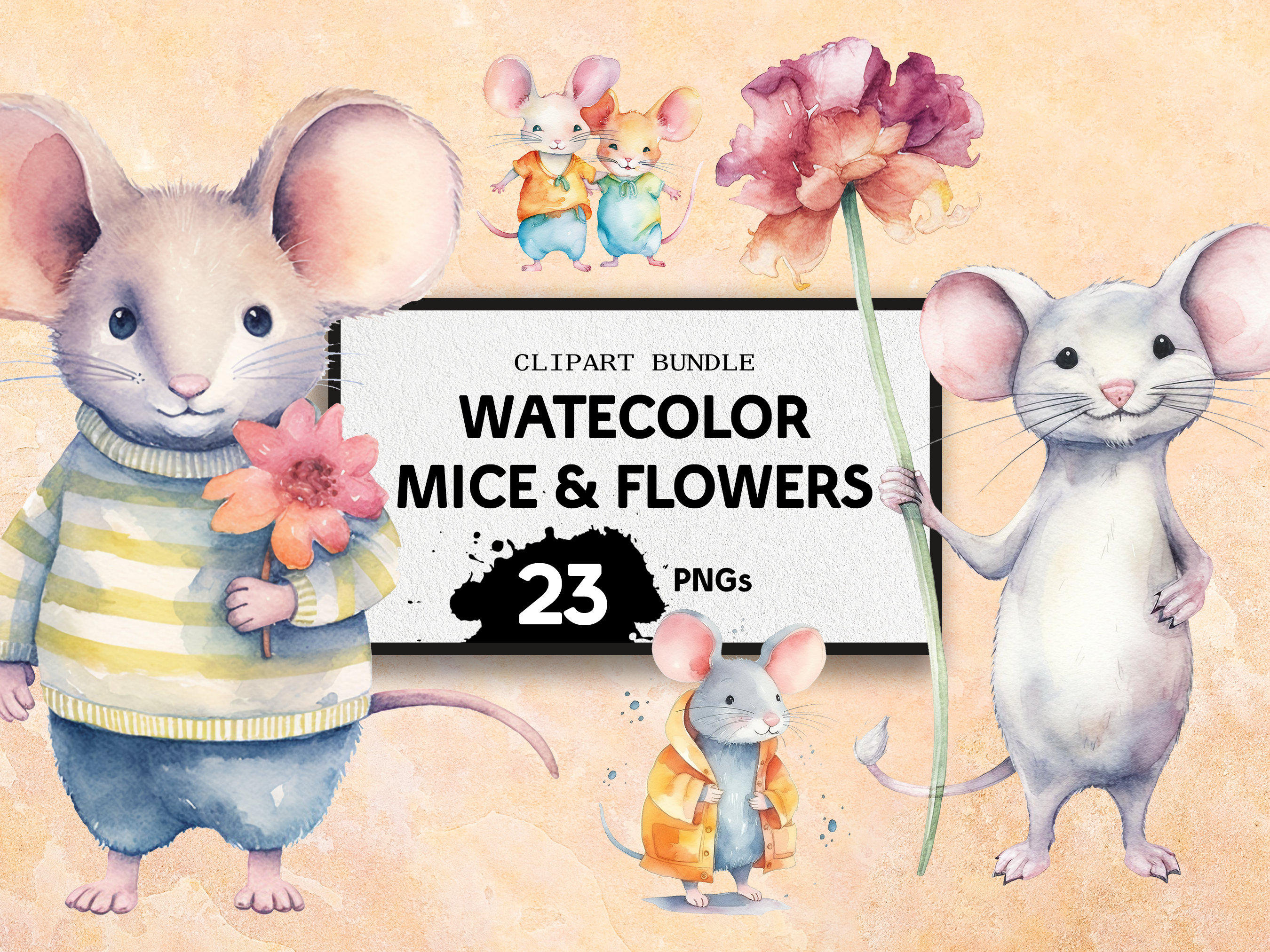 Adorable and Cute Watercolor Mouse and Flower Clipart, Roses, Mice and ...
