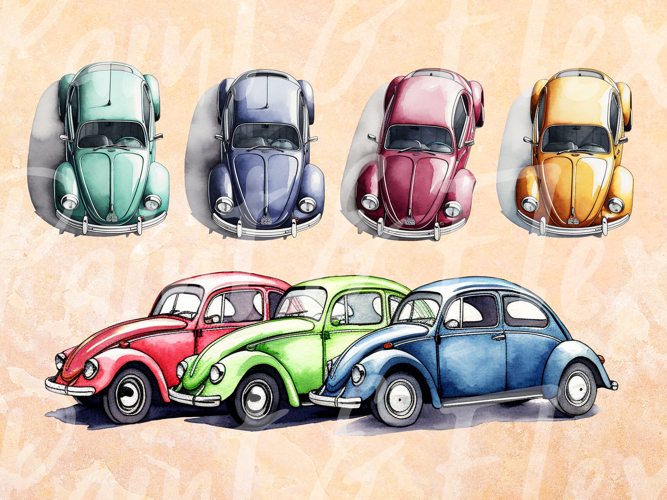 Whimsical Watercolour Clipart VW Beetles, Various Colours, 34x, Fully ...