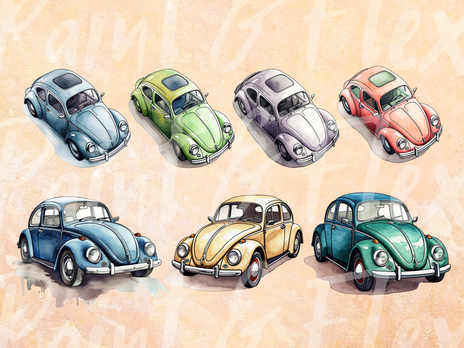 Whimsical Watercolour Clipart VW Beetles, Various Colours, 34x, Fully ...