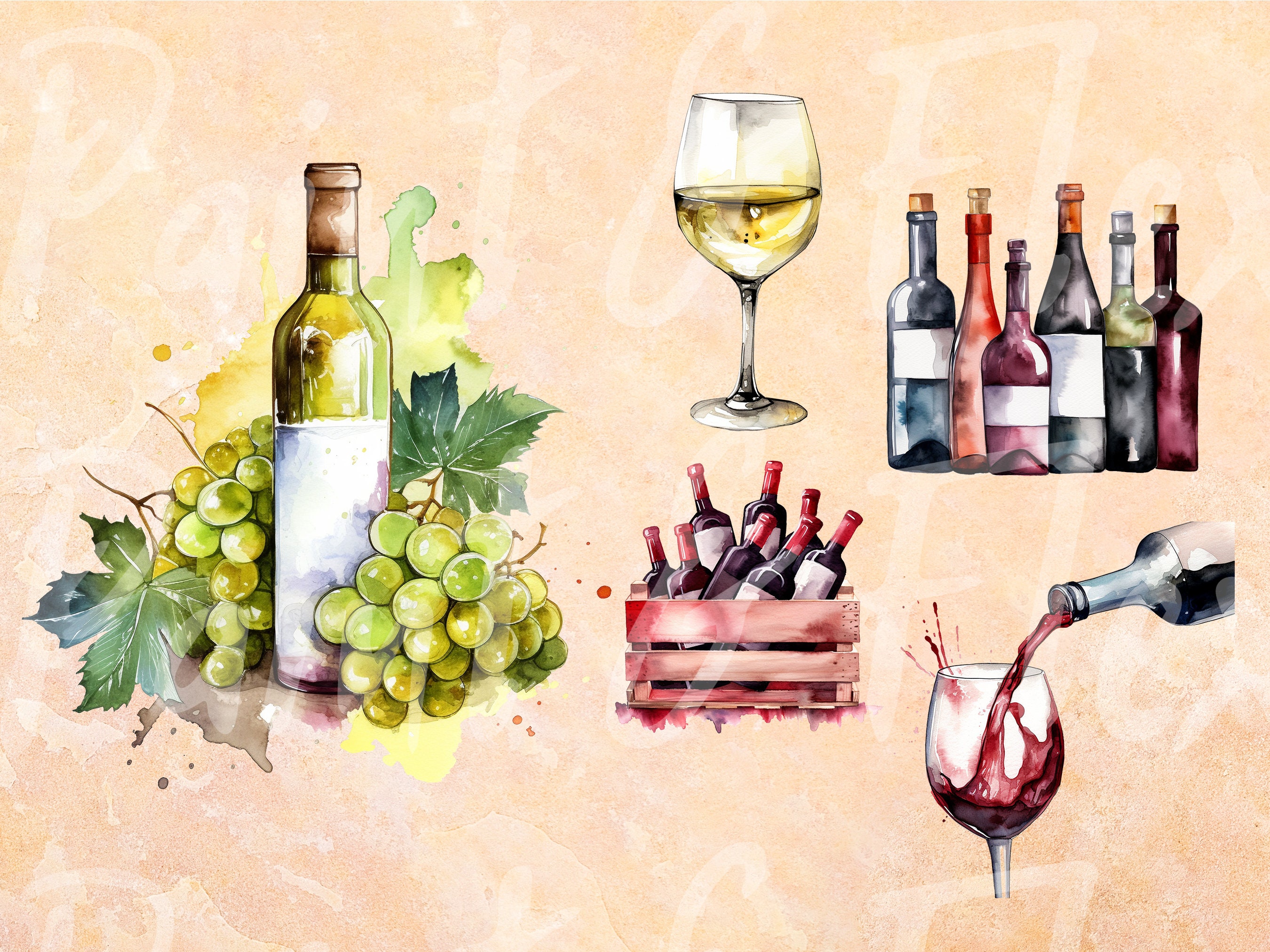 Watercolor Wine Clipart Glasses of White Wine Bottles Red Glasses of ...