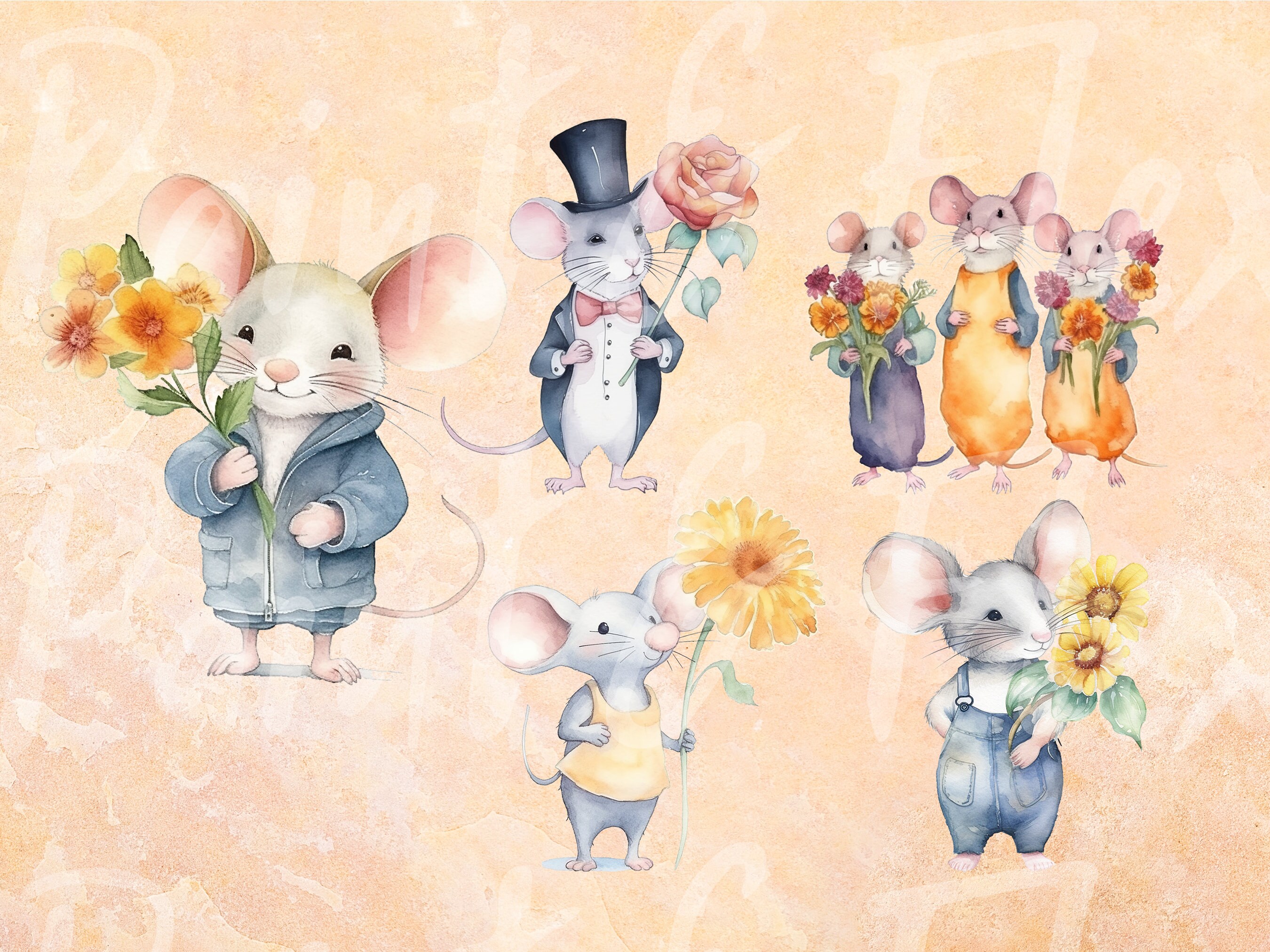 Adorable and Cute Watercolor Mouse and Flower Clipart, Roses, Mice and ...