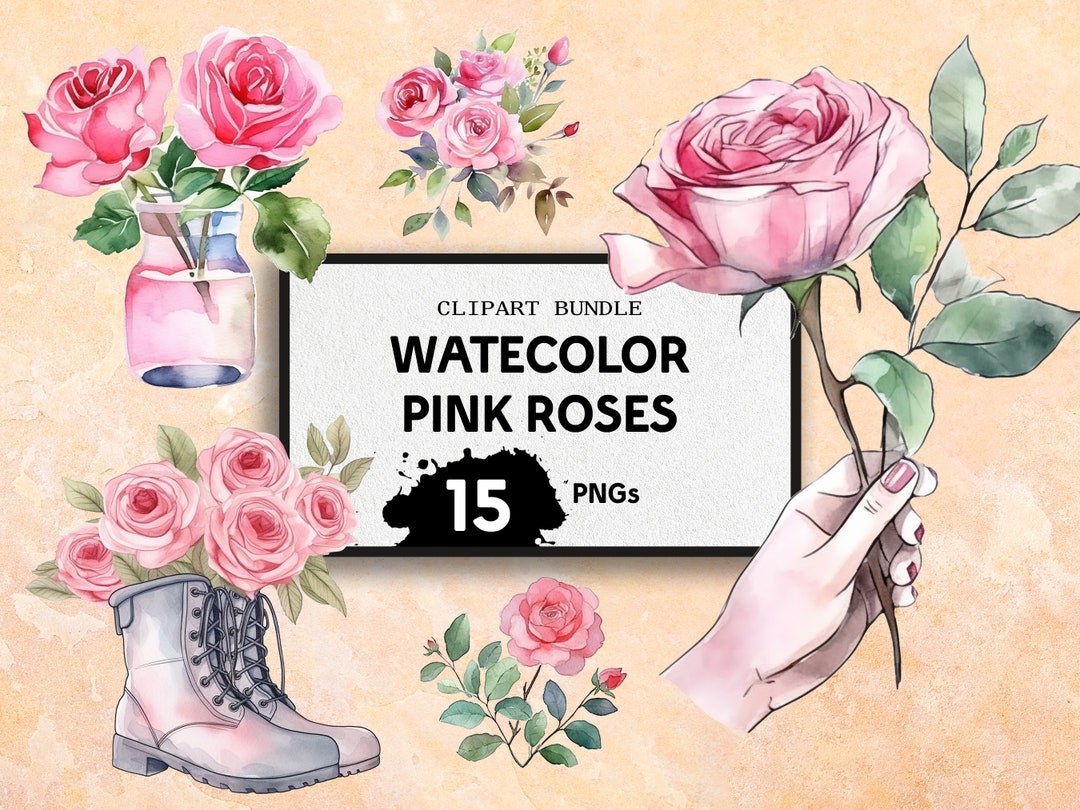 Clipart Pink Watercolor Roses in Bouquets, Vases, Jars, Boots and More ...